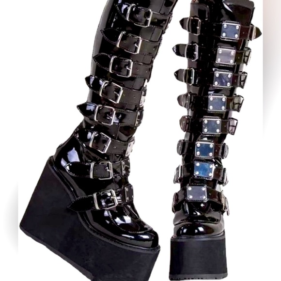 Shoes | Demonia Black New Knee High Goth Platform Buckle Boots Size 8 ...